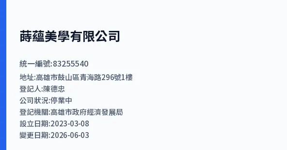 蒔蘊美學有限公司的照片-統編 83255540(高雄市) 公司登記資料與營業項目詳細圖表