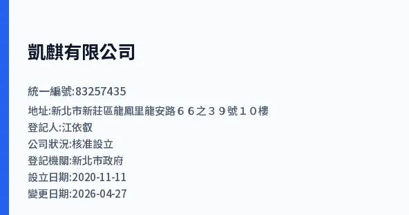 凱麒有限公司的照片-統編 83257435(新北市) 公司登記資料與營業項目詳細圖表