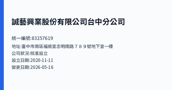 誠藝興業股份有限公司台中分公司的照片-統編 83257619(臺中市) 公司登記資料與營業項目詳細圖表