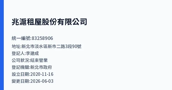 兆滬租屋股份有限公司的照片-統編 83258906(新北市) 公司登記資料與營業項目詳細圖表