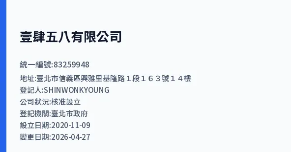 壹肆五八有限公司的照片-統編 83259948(臺北市) 公司登記資料與營業項目詳細圖表