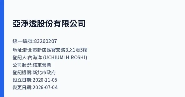 亞淨透股份有限公司的照片-統編 83260207(新北市) 公司登記資料與營業項目詳細圖表