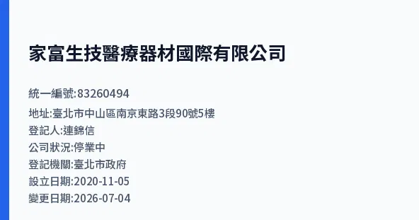 家富生技醫療器材國際有限公司的照片-統編 83260494(臺北市) 公司登記資料與營業項目詳細圖表