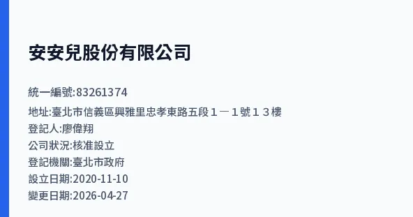 安安兒股份有限公司的照片-統編 83261374(臺北市) 公司登記資料與營業項目詳細圖表
