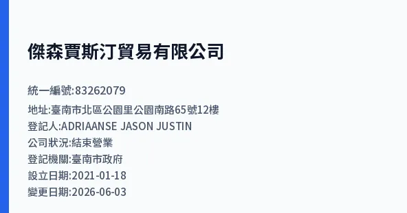 傑森賈斯汀貿易有限公司的照片-統編 83262079(臺南市) 公司登記資料與營業項目詳細圖表