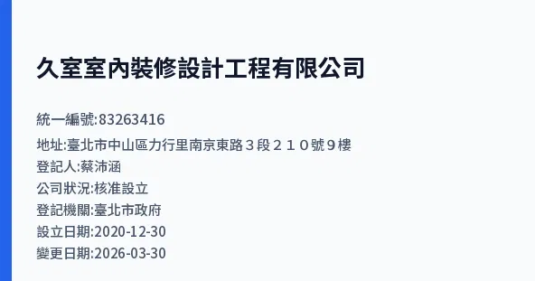 久室室內裝修設計工程有限公司的照片-統編 83263416(臺北市) 公司登記資料與營業項目詳細圖表