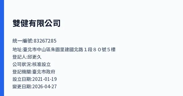 雙健有限公司的照片-統編 83267285(臺北市) 公司登記資料與營業項目詳細圖表