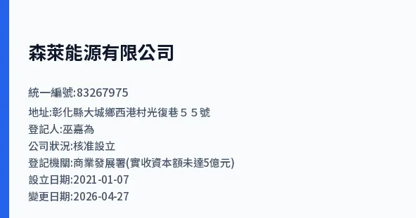 森萊能源有限公司的照片-統編 83267975(彰化縣) 公司登記資料與營業項目詳細圖表