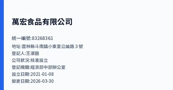 萬宏食品有限公司的照片-統編 83268361(雲林縣) 公司登記資料與營業項目詳細圖表