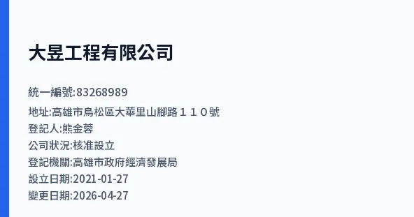 大昱工程有限公司的照片-統編 83268989(高雄市) 公司登記資料與營業項目詳細圖表