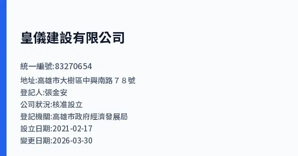 皇儀建設有限公司的照片-統編 83270654(高雄市) 公司登記資料與營業項目詳細圖表