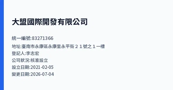 大盟國際開發有限公司的照片-統編 83271366(臺南市) 公司登記資料與營業項目詳細圖表