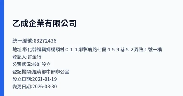 乙成企業有限公司的照片-統編 83272436(彰化縣) 公司登記資料與營業項目詳細圖表