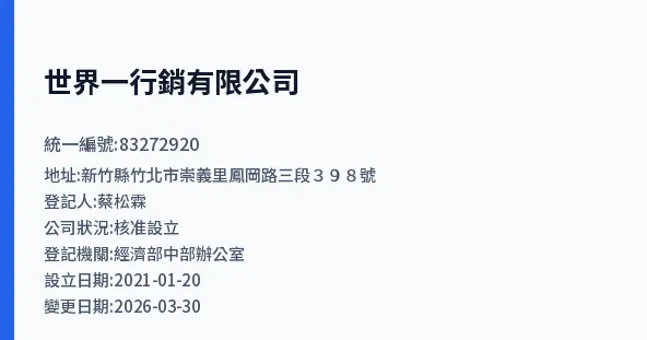 世界一行銷有限公司的照片-統編 83272920(新竹縣) 公司登記資料與營業項目詳細圖表