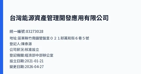台灣能源資產管理開發應用有限公司的照片-統編 83273028(苗栗縣) 公司登記資料與營業項目詳細圖表