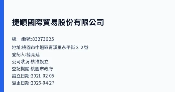 捷順國際貿易股份有限公司的照片-統編 83273625(桃園市) 公司登記資料與營業項目詳細圖表