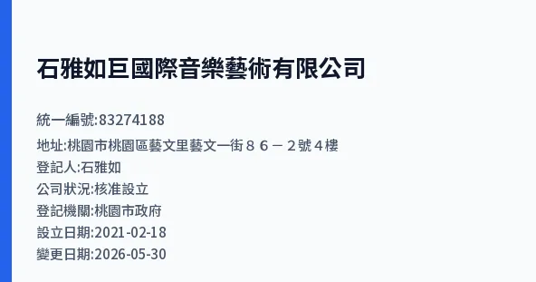 石雅如巨國際音樂藝術有限公司的照片-統編 83274188(桃園市) 公司登記資料與營業項目詳細圖表
