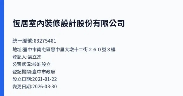 恆居室內裝修設計股份有限公司的照片-統編 83275481(臺中市) 公司登記資料與營業項目詳細圖表