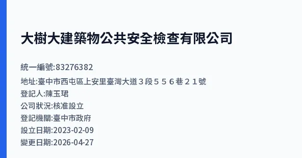 大樹大建築物公共安全檢查有限公司的照片-統編 83276382(臺中市) 公司登記資料與營業項目詳細圖表