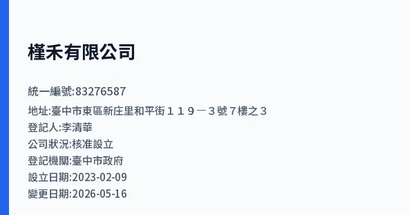 槿禾有限公司的照片-統編 83276587(臺中市) 公司登記資料與營業項目詳細圖表