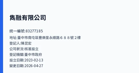 雋融有限公司的照片-統編 83277185(臺中市) 公司登記資料與營業項目詳細圖表