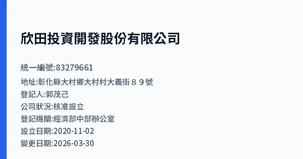 欣田投資開發股份有限公司的照片-統編 83279661(彰化縣) 公司登記資料與營業項目詳細圖表