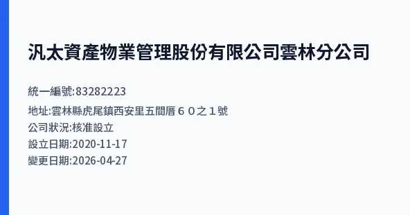 汎太資產物業管理股份有限公司雲林分公司的照片-統編 83282223(雲林縣) 公司登記資料與營業項目詳細圖表
