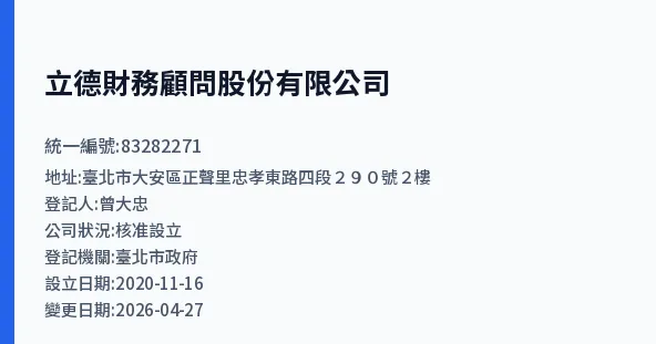 立德財務顧問股份有限公司的照片-統編 83282271(臺北市) 公司登記資料與營業項目詳細圖表