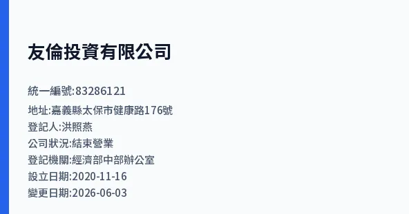 友倫投資有限公司的照片-統編 83286121(嘉義縣) 公司登記資料與營業項目詳細圖表