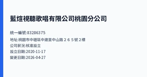 藍煊視聽歌唱有限公司桃園分公司的照片-統編 83286375(桃園市) 公司登記資料與營業項目詳細圖表