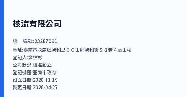 核流有限公司的照片-統編 83287091(臺南市) 公司登記資料與營業項目詳細圖表