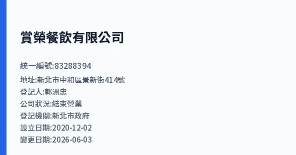 賞榮餐飲有限公司的照片-統編 83288394(新北市) 公司登記資料與營業項目詳細圖表
