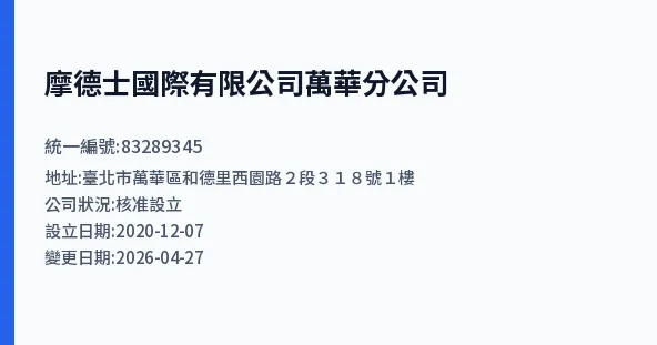 摩德士國際有限公司萬華分公司的照片-統編 83289345(臺北市) 公司登記資料與營業項目詳細圖表