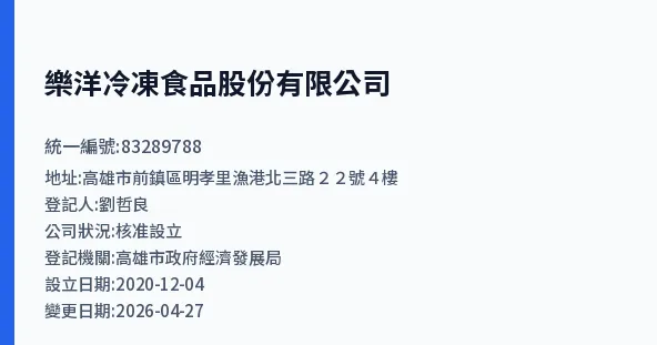 樂洋冷凍食品股份有限公司的照片-統編 83289788(高雄市) 公司登記資料與營業項目詳細圖表
