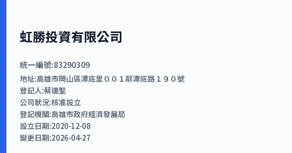 虹勝投資有限公司的照片-統編 83290309(高雄市) 公司登記資料與營業項目詳細圖表