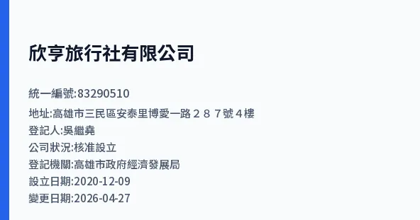 欣亨旅行社有限公司的照片-統編 83290510(高雄市) 公司登記資料與營業項目詳細圖表