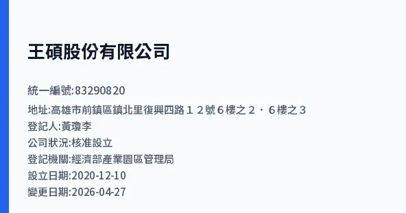 王碩股份有限公司的照片-統編 83290820(高雄市) 公司登記資料與營業項目詳細圖表