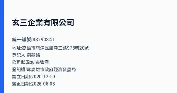 玄三企業有限公司的照片-統編 83290841(高雄市) 公司登記資料與營業項目詳細圖表