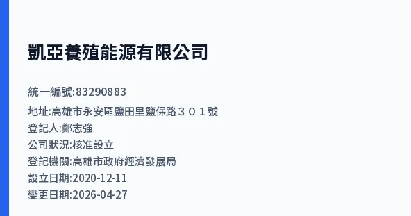 凱亞養殖能源有限公司的照片-統編 83290883(高雄市) 公司登記資料與營業項目詳細圖表