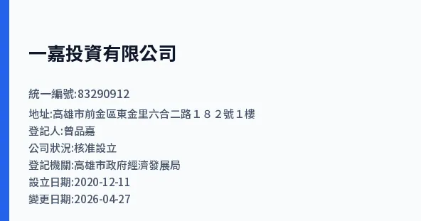 一嘉投資有限公司的照片-統編 83290912(高雄市) 公司登記資料與營業項目詳細圖表