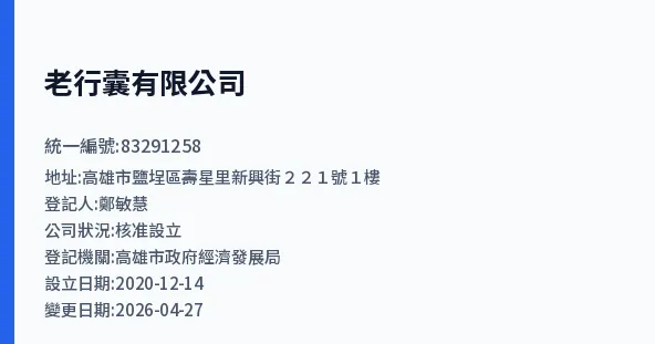 老行囊有限公司的照片-統編 83291258(高雄市) 公司登記資料與營業項目詳細圖表