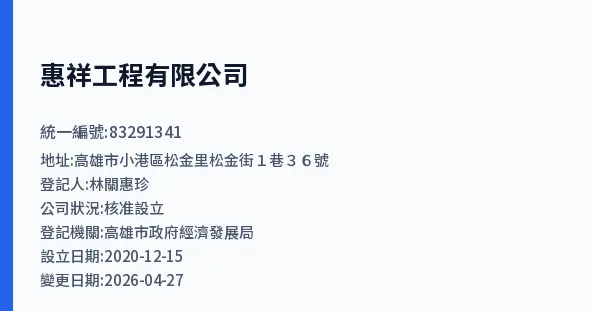 惠祥工程有限公司的照片-統編 83291341(高雄市) 公司登記資料與營業項目詳細圖表