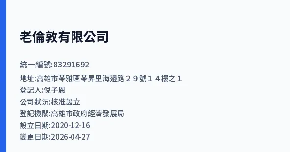 老倫敦有限公司的照片-統編 83291692(高雄市) 公司登記資料與營業項目詳細圖表