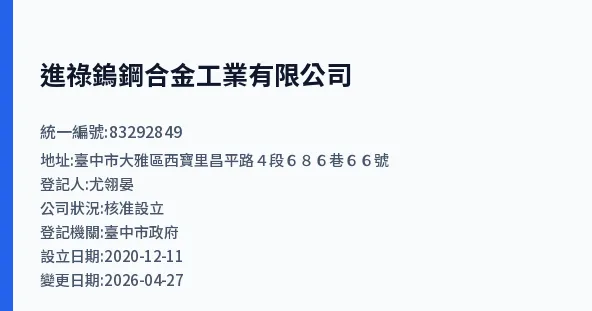 進祿鎢鋼合金工業有限公司的照片-統編 83292849(臺中市) 公司登記資料與營業項目詳細圖表