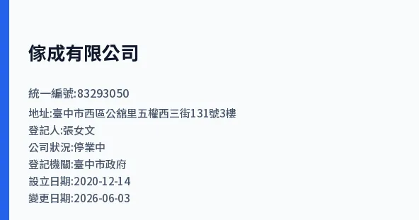 傢成有限公司的照片-統編 83293050(臺中市) 公司登記資料與營業項目詳細圖表