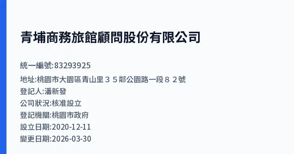 青埔商務旅館顧問股份有限公司的照片-統編 83293925(桃園市) 公司登記資料與營業項目詳細圖表