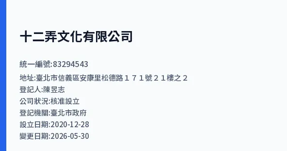 十二弄文化有限公司的照片-統編 83294543(臺北市) 公司登記資料與營業項目詳細圖表