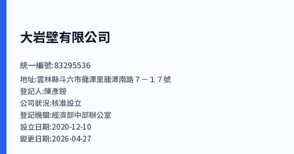 大岩壁有限公司的照片-統編 83295536(雲林縣) 公司登記資料與營業項目詳細圖表