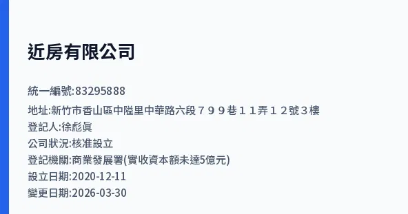近房有限公司的照片-統編 83295888(新竹市) 公司登記資料與營業項目詳細圖表