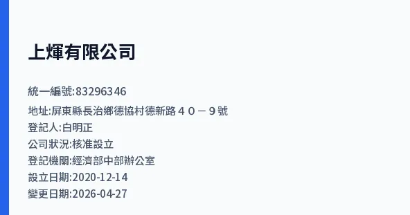上煇有限公司的照片-統編 83296346(屏東縣) 公司登記資料與營業項目詳細圖表